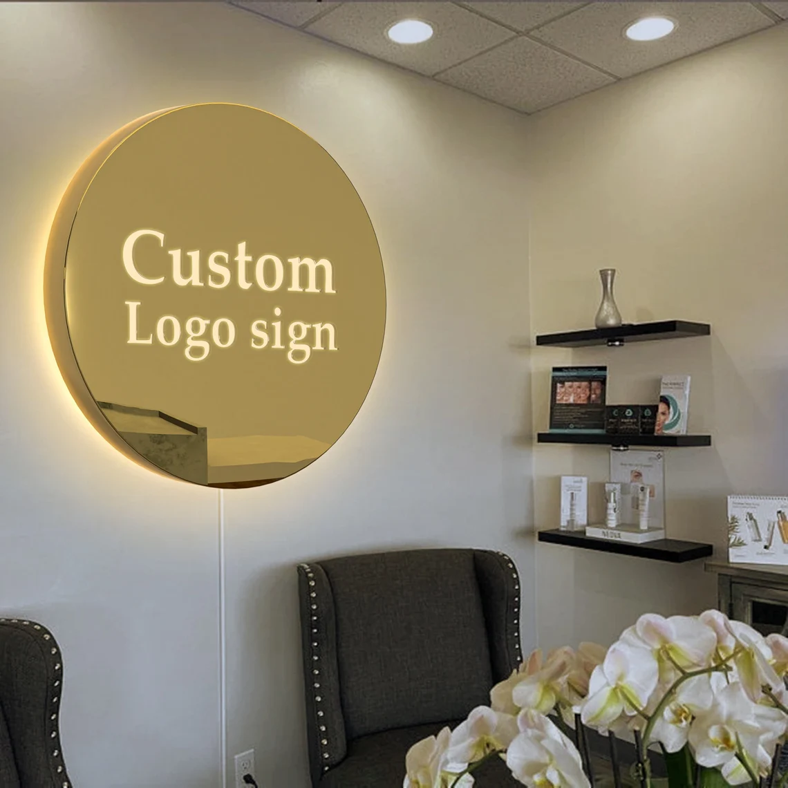 Metal Backlit Sign, Laser Cut LED Light Box Sign, Round Custom Illuminated Wall logo Sign for ...